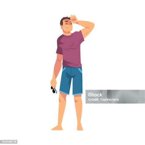 편안한 젊은 남자 느긋한 남성 캐릭터 입고 티셔츠와 반바지 를 즐길 준비 그의 여가 휴가 여름 휴가 및 여행 만화 벡터 일러스트 계절에 대한 스톡 벡터 아트 및 기타 이미지