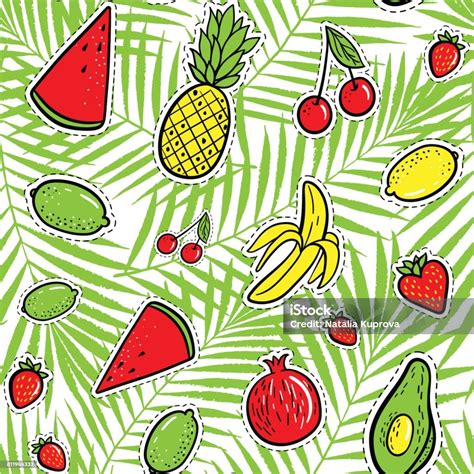 손으로 그린된 패션 패치 열 대 과일 레몬 아보카도 파인애플 바나나 야 자 잎 원활한 패턴에 수 박 벡터 일러스트 레이 션