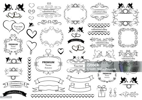 서예 디자인 요소 장식 소용돌이와 두루마리 빈티지 프레임 번성 라벨 및 칸막이 발렌타인 데이 스페셜 팩 디자인 요소 복고풍 벡터 일러스트레이션 하트 모양에 대한 스톡 벡터