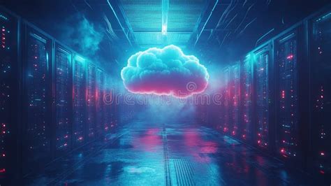 Glowing Cloud Symbol Floats In A Futuristic Server Room Corridor Stock Illustration