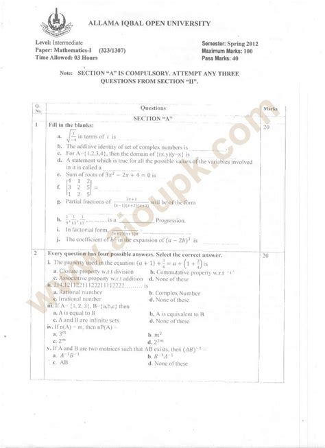 Mathematics I Code 323 1307 Level Intermediate Old Paper Of Aiou Aioupkcom