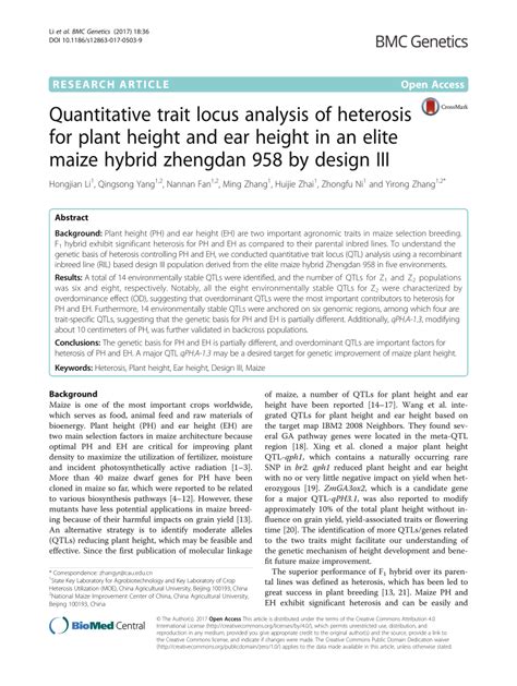 Pdf Quantitative Trait Locus Analysis Of Heterosis For Plant Height And Ear Height In An Elite