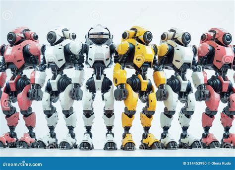 Assembly Of Advanced Bipedal Robots In Red White And Yellow Stock Illustration Illustration