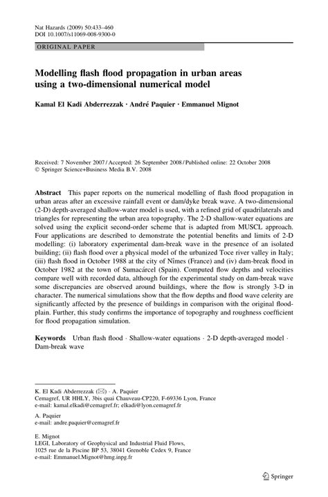 Pdf Modelling Flash Flood Propagation In Urban Areas Using A Two