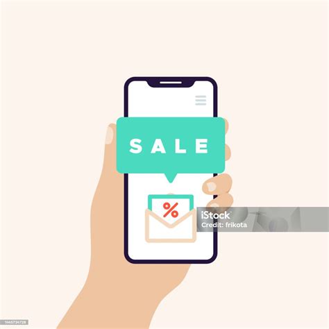수직 위치 배너에 스마트 폰을 들고 손 말풍선 판매 및 할인 이메일이 있는 화면 벡터 일러스트 레이 션 평면 디자인 고객에 대한 스톡 벡터 아트 및 기타 이미지 Istock