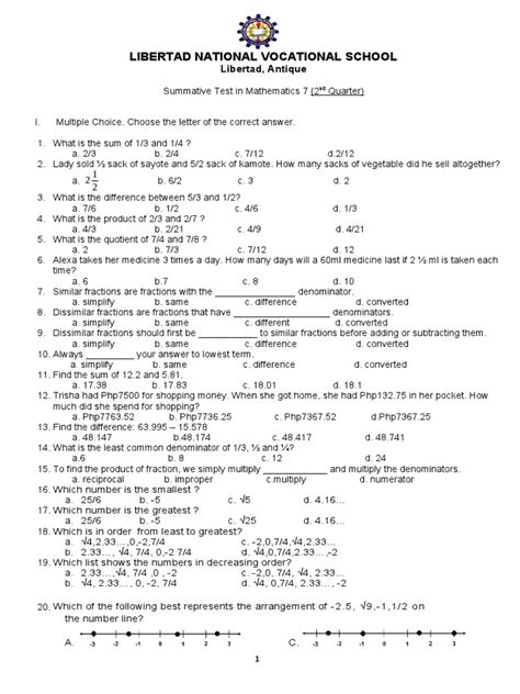2nd Summative Test In Math 7 22 23 Download Free Pdf Abstract Algebra Mathematical Notation