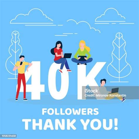 40000 추종자 번호 엽서를 감사합니다 사람들이 남자 여자 큰 숫자 평면 스타일 디자인 40 K 벡터 일러스트 레이 션을 파란 배경에 고립 된 감사 합니다 인터넷 미디어와