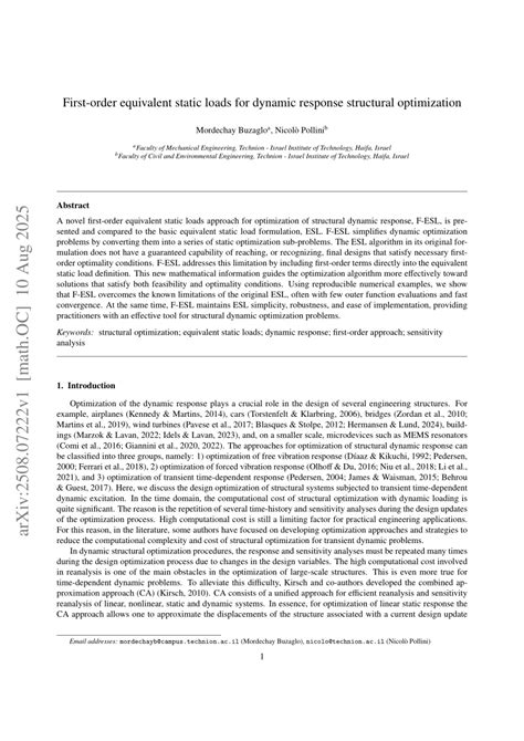 Pdf First Order Equivalent Static Loads For Dynamic Response Structural Optimization