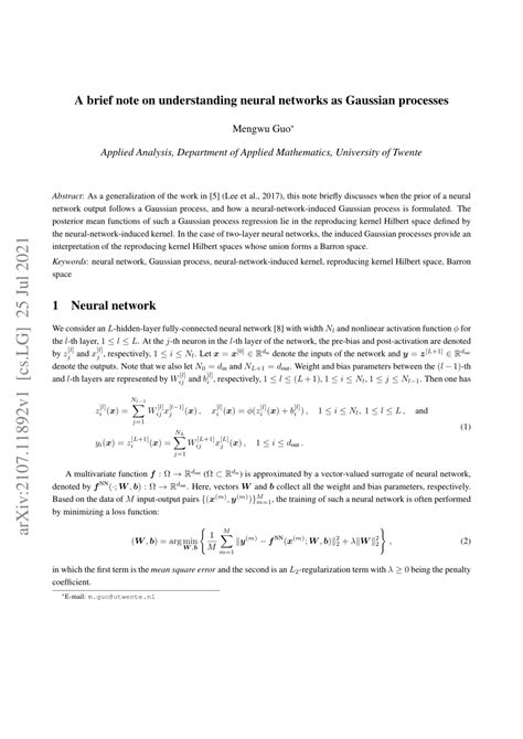 PDF A Brief Note On Understanding Neural Networks As Gaussian Processes