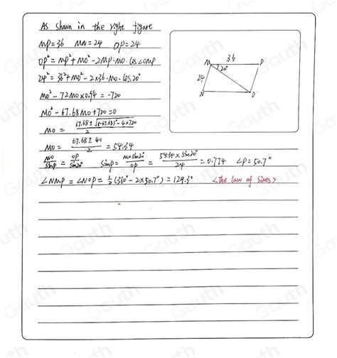 solved mnop is a parallelogram with mn 24 and mp 36 i if a diagonal