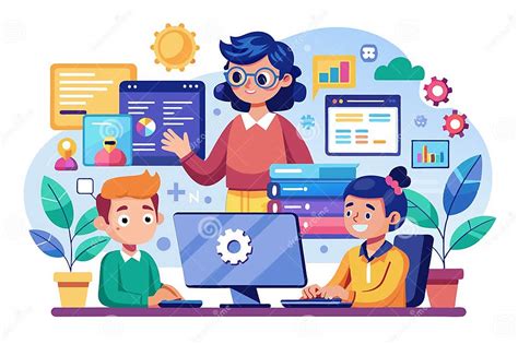 a lively coding workshop where a teacher guides two enthusiastic