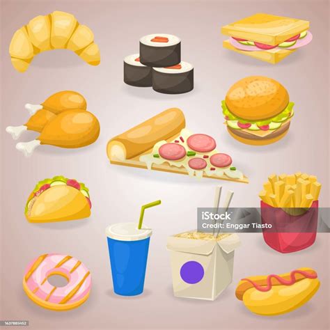 패스트 푸드 장식 아이콘 좋아하는 대량 생산 정크 스트리트 패스트 푸드 접시 세트 핫도그 햄버거 피자 초밥 타코 샌드위치 치킨 너겟 감자 튀김 감자 요리에 대한 스톡 벡터