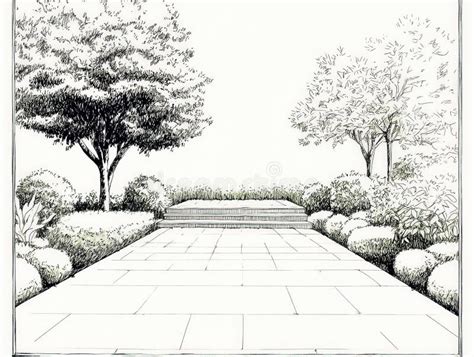 Garden Design Sketch An Artistic Representation Of Garden Landscaping Focusing On Plants And