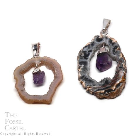 Oco Geode Agate Pendant With Amethyst Crystal Silver The Fossil Cartel