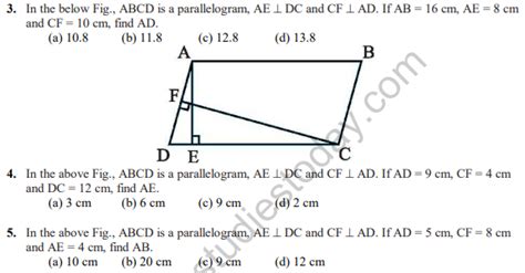 Cbse Class 9 Maths Areas Of Parallelogram And Triangle Mcqs Set A Multiple Choice Questions For