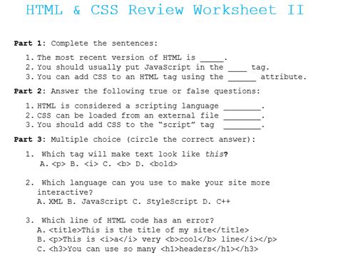 Html And Css Coding Review Worksheet Ii Teaching Resources