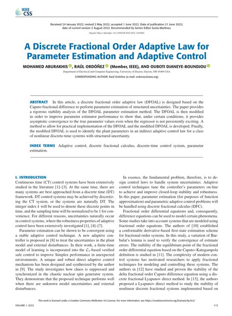 Pdf A Discrete Fractional Order Adaptive Law For Parameter Estimation And Adaptive Control