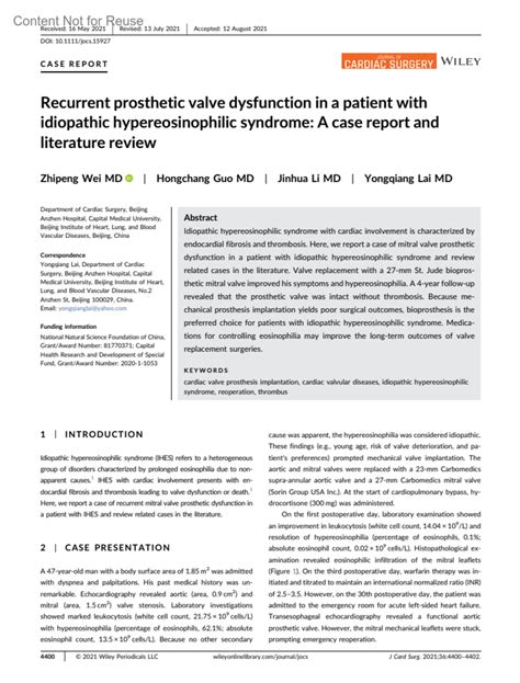 Recurrent Prosthetic Valve Dysfunction In A Journal Of Cardiac Surgery