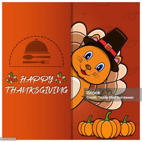 고양이 캐릭터 디자인이 있는 추수감사절 카드 행복한 추수 감사절 인사말 카드 포스터 또는 전단지 축하 디자인에 적합합니다 11월에 대한 스톡 벡터 아트 및 기타 이미지