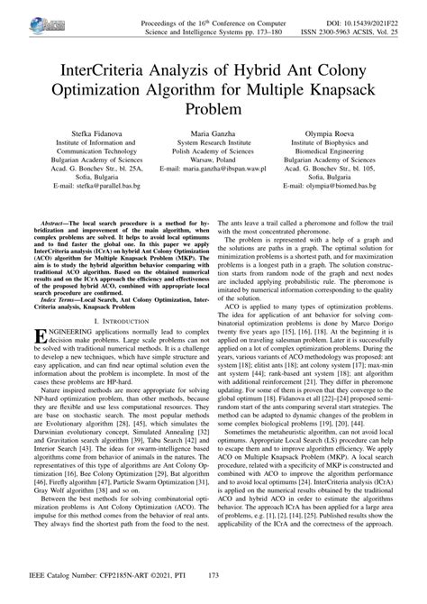 PDF InterCriteria Analyzis Of Hybrid Ant Colony Optimization Algorithm For Multiple Knapsack