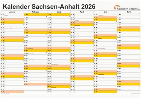 Jahreskalender 2026 Sachsen Anhalt Ferien Sachsen Anhalt 2026