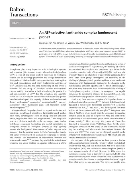 Pdf An Atp Selective Lanthanide Complex Luminescent Probe