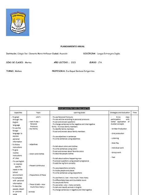 Plan Hello Class 2do Pdf Verb English Language