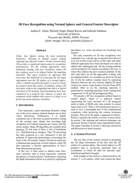 Pdf 2006 3d Face Recognition Using Normal Sphere And General Fourier