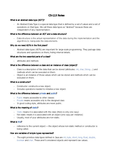Cs 115 Notes Cs 115 Notes What Is An Abstract Data Type Adt An