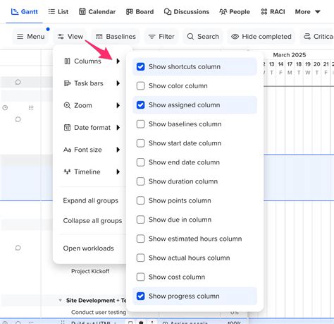 displaying and hiding columns teamgantt support