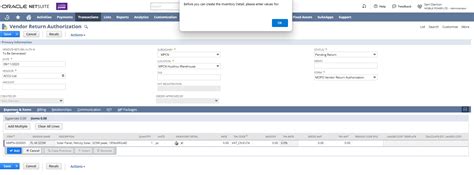 Please Enter Value For Blank On Item Lines Of Vendor Return Auth Form