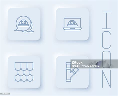 세트 라인 작업자 안전 헬멧 지붕 타일 및 산업 금속 파이프 흰색 사각형 버튼입니다 벡터 건설 산업에 대한 스톡 벡터 아트 및 기타 이미지 Istock