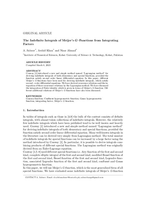 Pdf The Indefinite Integrals Of Meijers G Functions From Integrating Factors