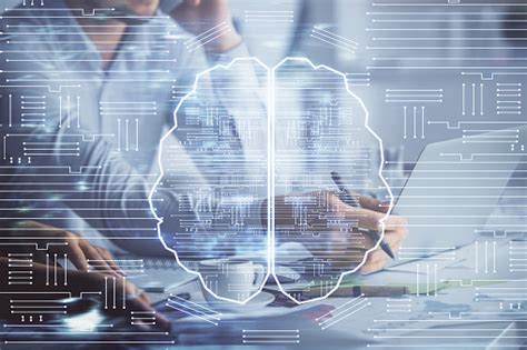 함께 일하는 남자와 여자의 이중 노출과 뇌 그리기 홀로그램 지적 브레인 스토밍 개념 컴퓨터 배경입니다 가상현실에 대한 스톡 사진 및 기타 이미지 Istock