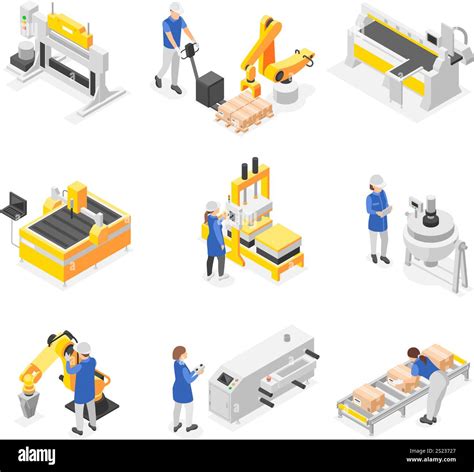 Isometric Factory Workers People In Uniform Working With Technology Machines And Modern Robotic