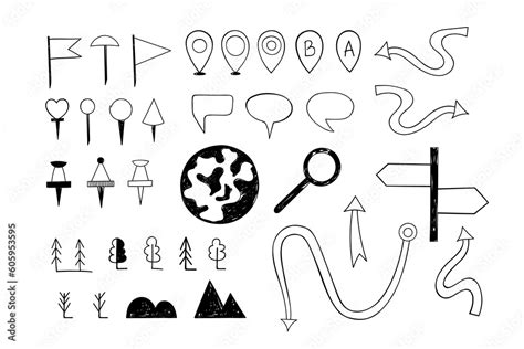 Hand Drawn Map Pointers Set Of Navigation Pins Arrows And Map