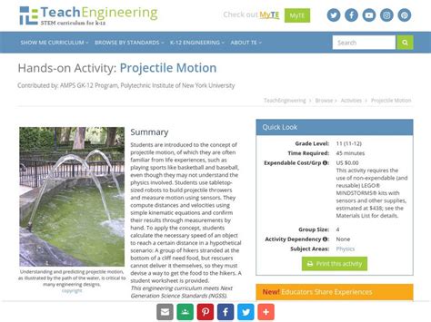 Teach Engineering Projectile Motion Activity For 11th 12th Grade