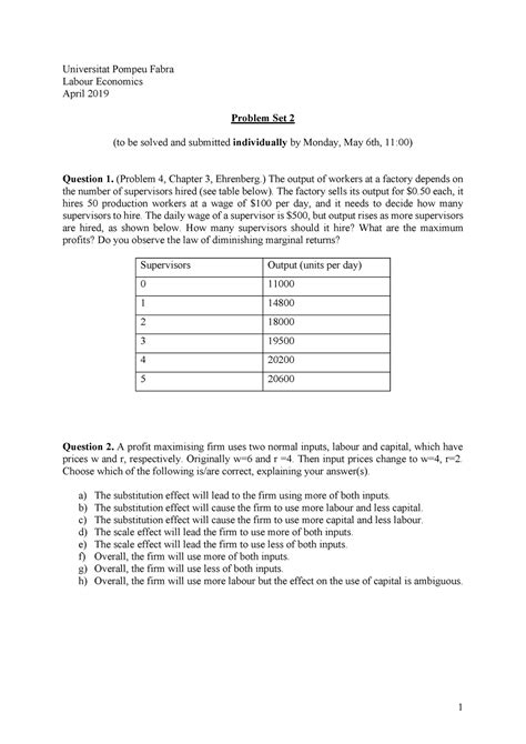 Problem Set 2 Universitat Pompeu Fabra Labour Economics April 2019 Problem Set 2 To Be Solved