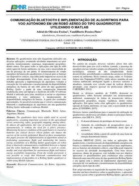 Comunicação Bluetooth E Implementação De Algoritmos Para Voo Autônomo