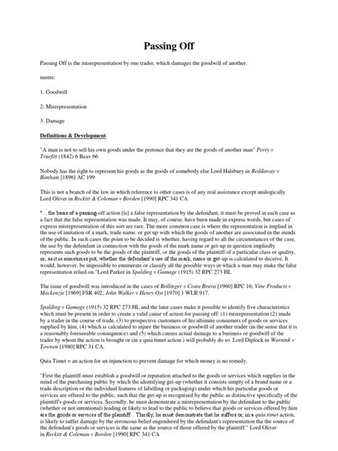 Passing Off Pdf Misrepresentation Trademark