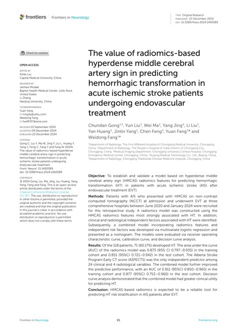 Pdf The Value Of Radiomics Based Hyperdense Middle Cerebral Artery Sign In Predicting