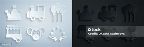 원숭이 리본이 달린 풍선 패스트 스트리트 푸드 카트 저글링 공 장난감 기차 광대 모자 종 아이콘을 설정합니다 벡터 3차원 형태에 대한 스톡 벡터 아트 및 기타 이미지