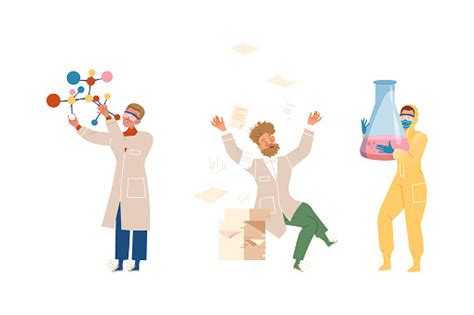 플라스크 종이 시트 및 분자를 가진 남자 과학자 캐릭터는 과학 연구 벡터 일러스트 레이 션 세트를 수행합니다 개념에 대한 스톡 벡터 아트 및 기타 이미지 Istock