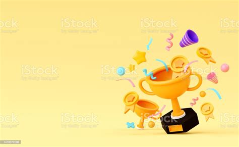 3d 렌더링 파스텔 배경에 황금 트로피 챔피언 컵 우승자 컵 비즈니스 개념 만화 스타일의 축하 수상 챔피언 보상 상 1에 대한 스톡 사진 및 기타 이미지 Istock