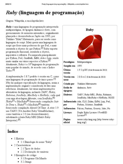 Ruby Linguagem De Programação Wikipédia A Enciclopédia Livre