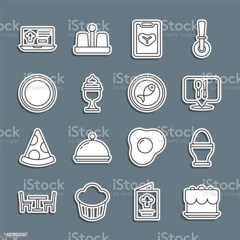 세트 라인 케이크 스탠드에 닭고기 달걀 카페 레스토랑 위치 레스토랑 카페 메뉴 그릇에 아이스크림 접시 온라인 주문 배달 및 제공되는 생선 접시 아이콘 벡터 달걀에 대한 스톡