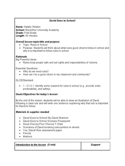 Davids School Rules Lesson Plan Pdf Reading Comprehension