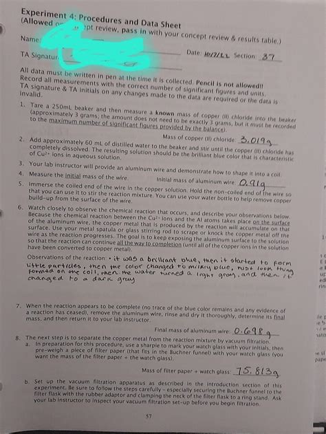 solved experiment 4 procedures and data sheet allowed on
