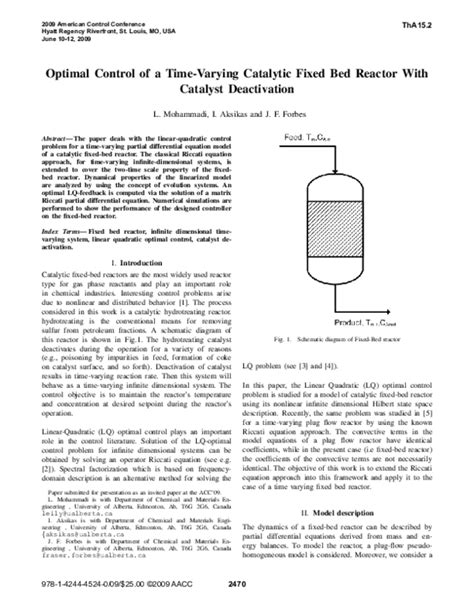 Pdf Optimal Control Of A Time Varying Catalytic Fixed Bed Reactor
