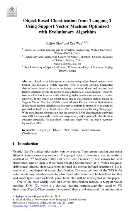 Pdf Object Based Classification From Tiangong 2 Using Support Vector Machine Optimized With